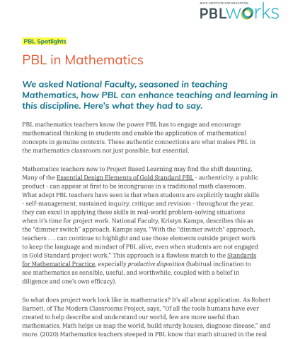 PBL Spotlights: PBL in Mathematics | MyPBLWorks